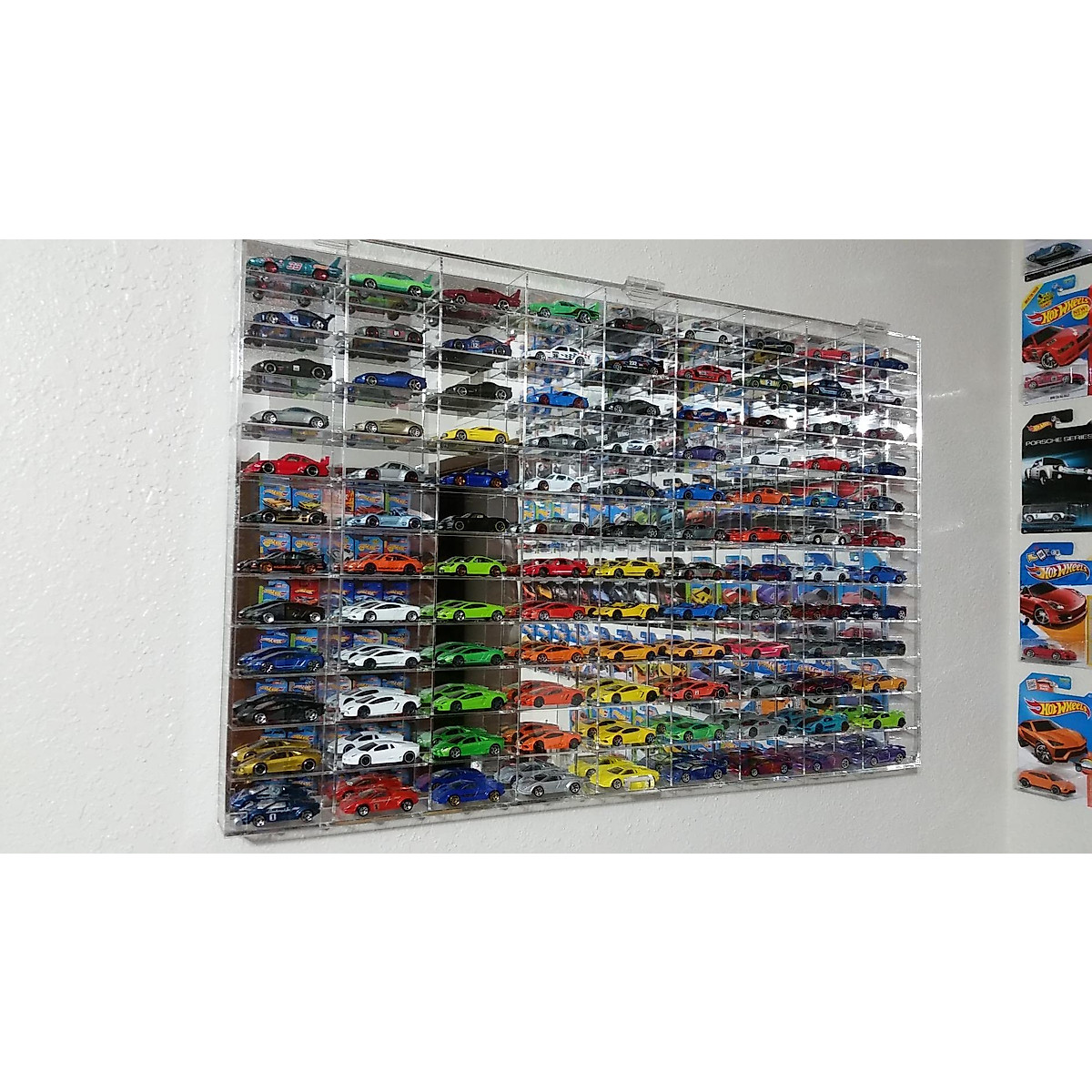 Display Case Wall Cabinet for 1:64 Scale Matchbox Hot Toy Cars Wheels 108 Slots UV Protect Mirrored Background