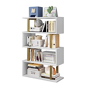 SORCEDAS Bookshelf Geometric Bookcase S Shaped Industrial Bookshelf Storage Display Stand Shelf for Living Room Bedroom and Office Room (White, 4 Tier)