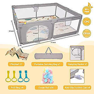 COLOR TREE Baby Playpen with Mat, 71”x59” Extra Large Playpen for Babies and Toddlers, BPA-Free Baby Playard with 50 Ocean Balls, Basket, Anti-Slip Base, Breathable Mesh, Kids Activity Center Gray