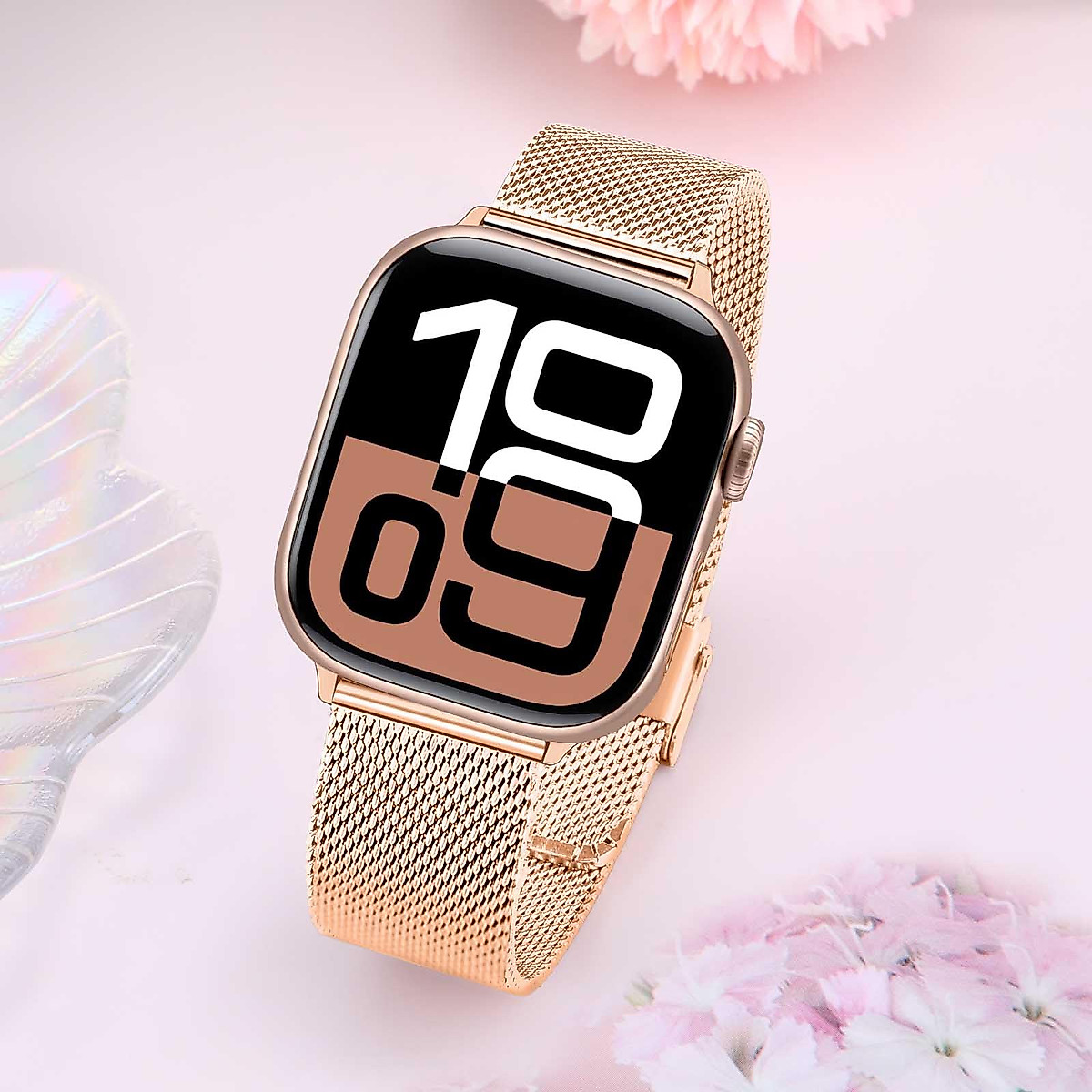 TRUMiRR Rose Gold Band for Apple Watch Series 10 42mm / 9 8 7 41mm Women, Mesh Stainless Steel Watchband Feminine Strap Replacement for iWatch SE Series 6 5 4 3 2 1 38mm 40mm