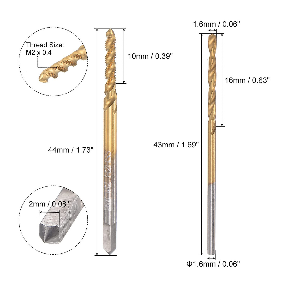 uxcell M2 x 0.4 Spiral Flute Tap and 1.6mm Twist Drill Bit Set, Metric Titanium Plated 6542 High Speed Steel Machine Threading Screw Thread Tap Drilling Tool