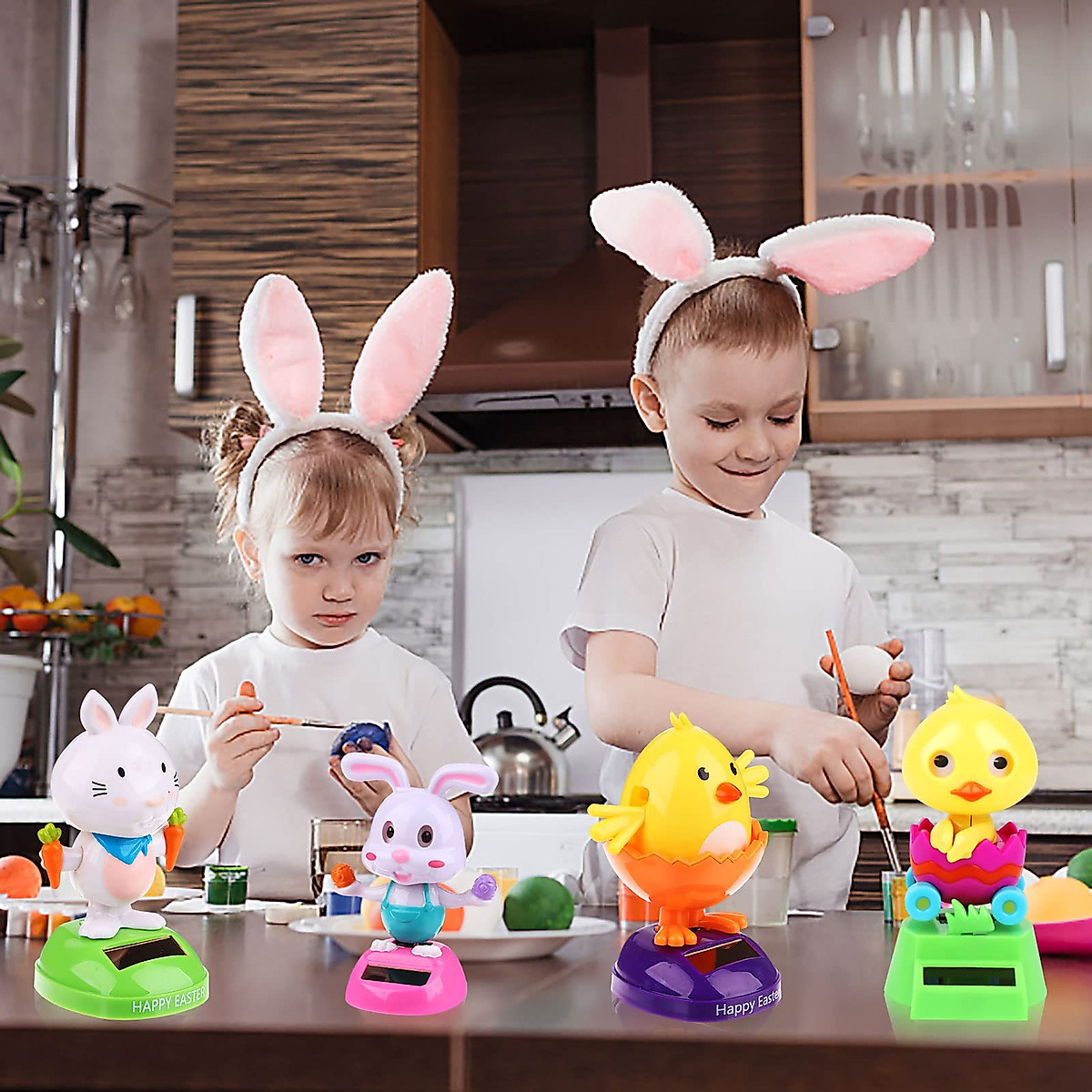 4 Pack Easter Rabbit Solar Powered Dancing Toys Bunny Car Shaking Head Dancer Doll Cute Bunny Chick Swing Figurines Car Windowsill Decor Valentine's Day Toys Gift for Car Dashboard Office Desk Decor