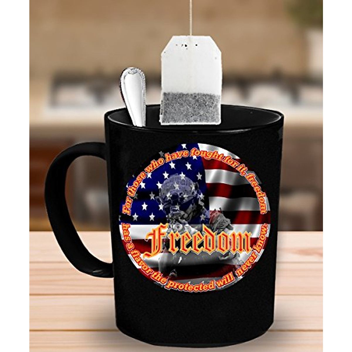 Vitazi Kitchenware Novelty Gifts - Patriotic Mug (15oz) For Those Who Have Fought For It, Freedom Has a Flavor The Protected Will Never Know, With Image Ceramic Coffee Cup (Black)