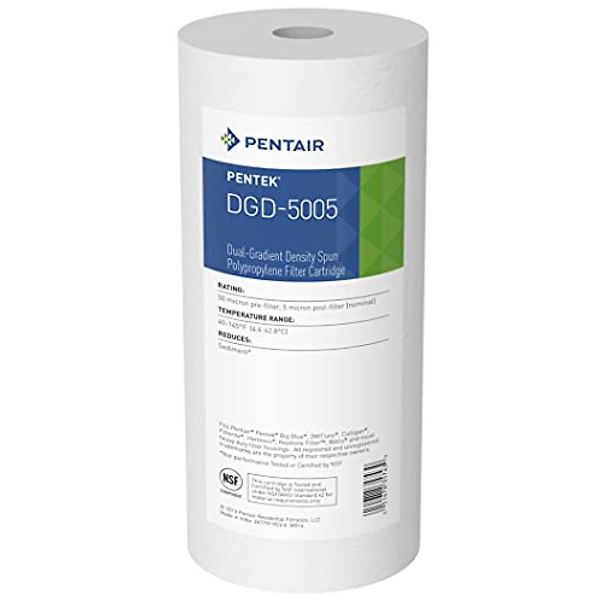 Pentair Pentek DGD-5005 Big Blue Water Filter, 10-Inch Whole House Sediment Filter Cartridge Replacement, Dual-Gradient Density Spun Polypropylene, 10" x 4.5", 5 Micron, Pack of 1