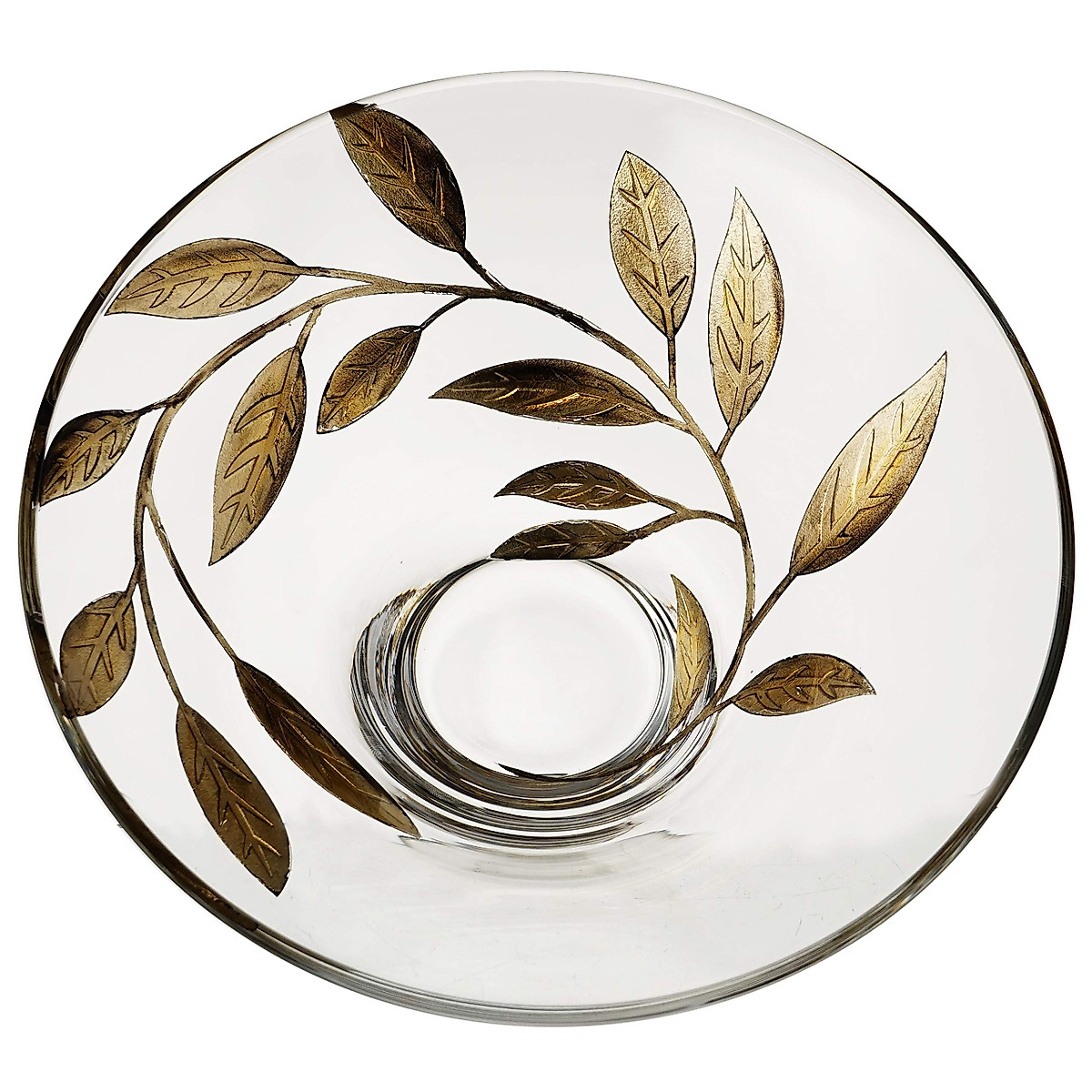 Decorative Glass Bowl Fruit Display - Etched, Hand Painted Leaves Decor - Mouth Blown Clear Glass - Large Salad Serving Bowl - Gift Boxed - D: 10.2 in (26 cm) (Gold)