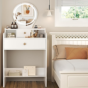 LIVELYGLOW Small Vanity Desk Set with Round Mirror and Light- Vanity Desk with Drawer- White
