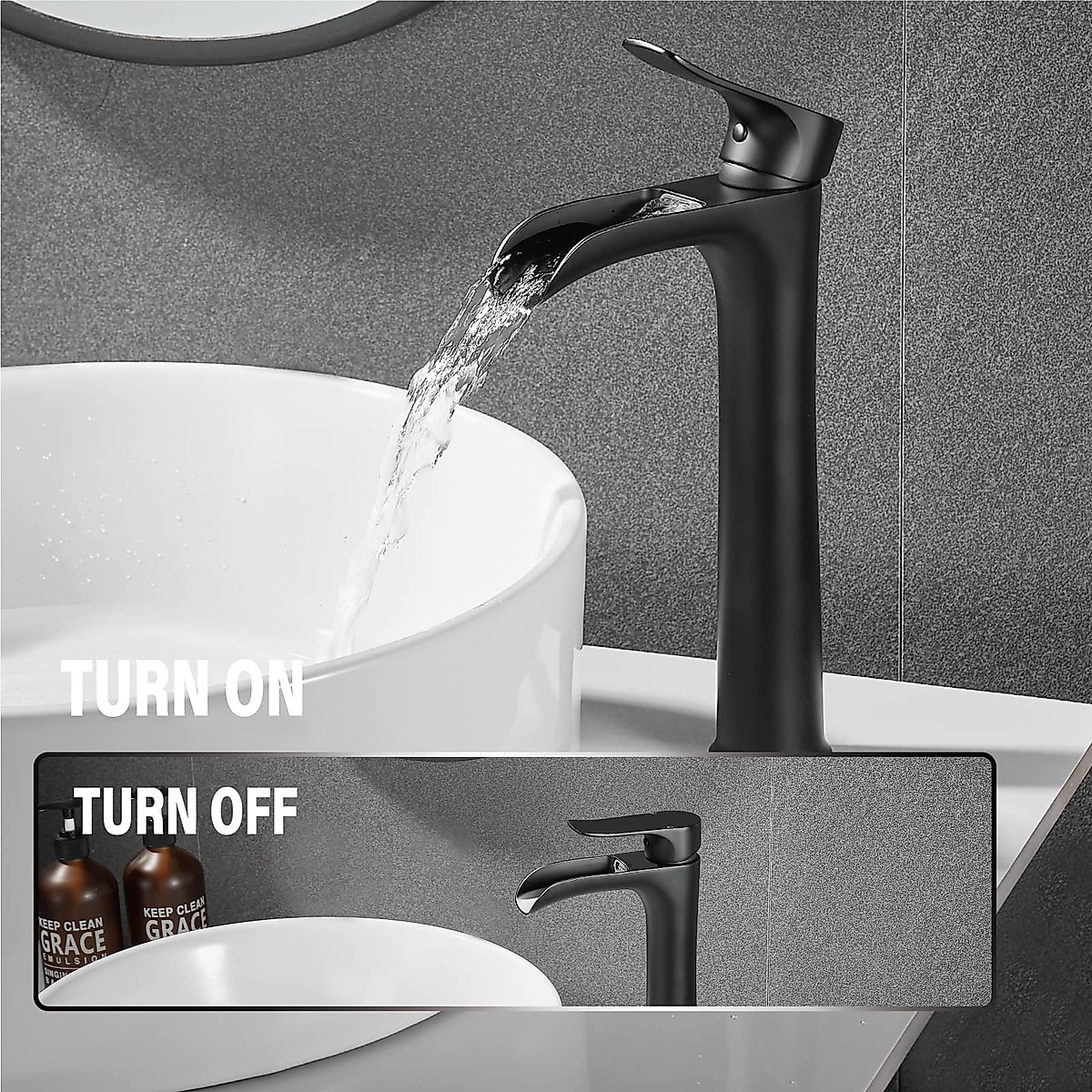 Vessel Sink Faucet,YUNDOOM,Matte Black Bathroom Faucet,Single Hole Bathroom Sink Faucet,Tall Bathroom Faucet Single Handle,Bathroom Bowl Sink Faucet,Waterfall Bathroom Faucet