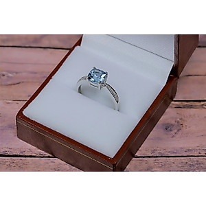 KOKAV Genuine Aquamarine 1-1/4 Ct Cushion Diamond Ring in 14K White Gold, Size 7