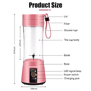 JLLOM Mini Blender Personal Portable Blender Cup for Smoothies Shakes, Portable Juicer USB Rechargeable for Travel, Small Electric Blender On The Go with Silicone Straw & Straw Cleaning Brush (Pink)