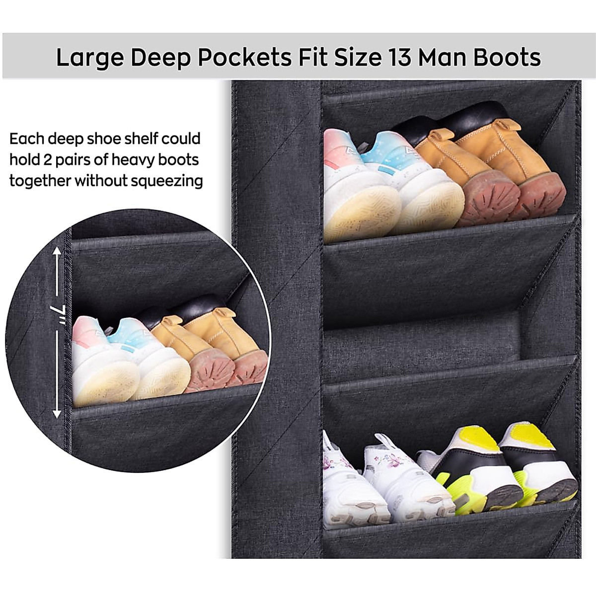 SLEEPING LAMB Over The Door Shoe Organizer for Closet with Large Deep Pockets, Narrow Shoe Rack for Door Hanging Boots Storage, Black