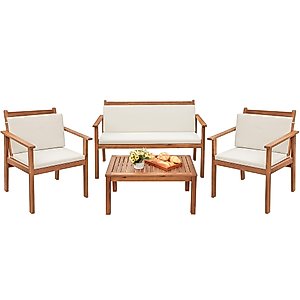 Greesum 4 Piece Bistro Patio Furniture Outdoor Chat Chair Set with Water Resistant Cushions and Coffee Table for Beach Backyard Garden, Acacia Wood