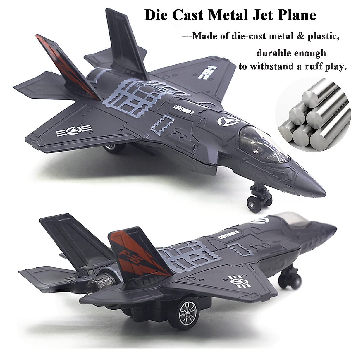 OTONOPI Fighter Jet Military Plane Model F-35 Aircraft Army Air Force Diecast Metal Pull Back Bomber Attack Plane with Lights and Sounds for Kids or Commemorate Collection