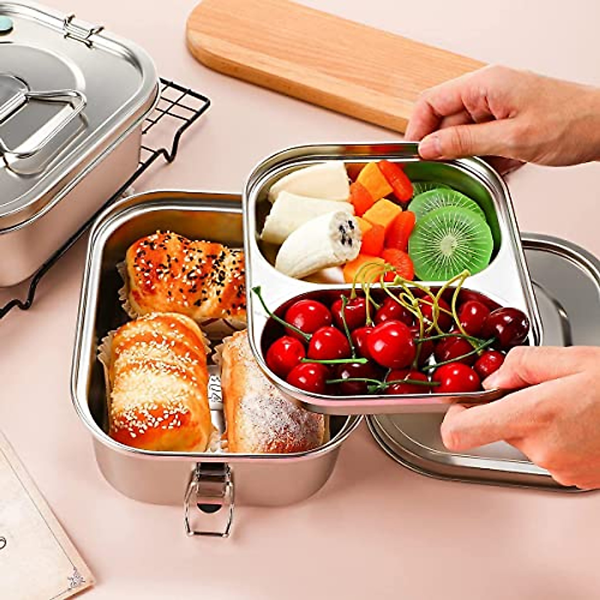 AIYoo 2 Tier Salad Container for Lunch Metal Bento Box 304 Stainless Steel Sandwich Containers Lunch Box With Leakproof Lid and Secure Locks - 1350ML / 46oz for Variety of Foods Snack Container