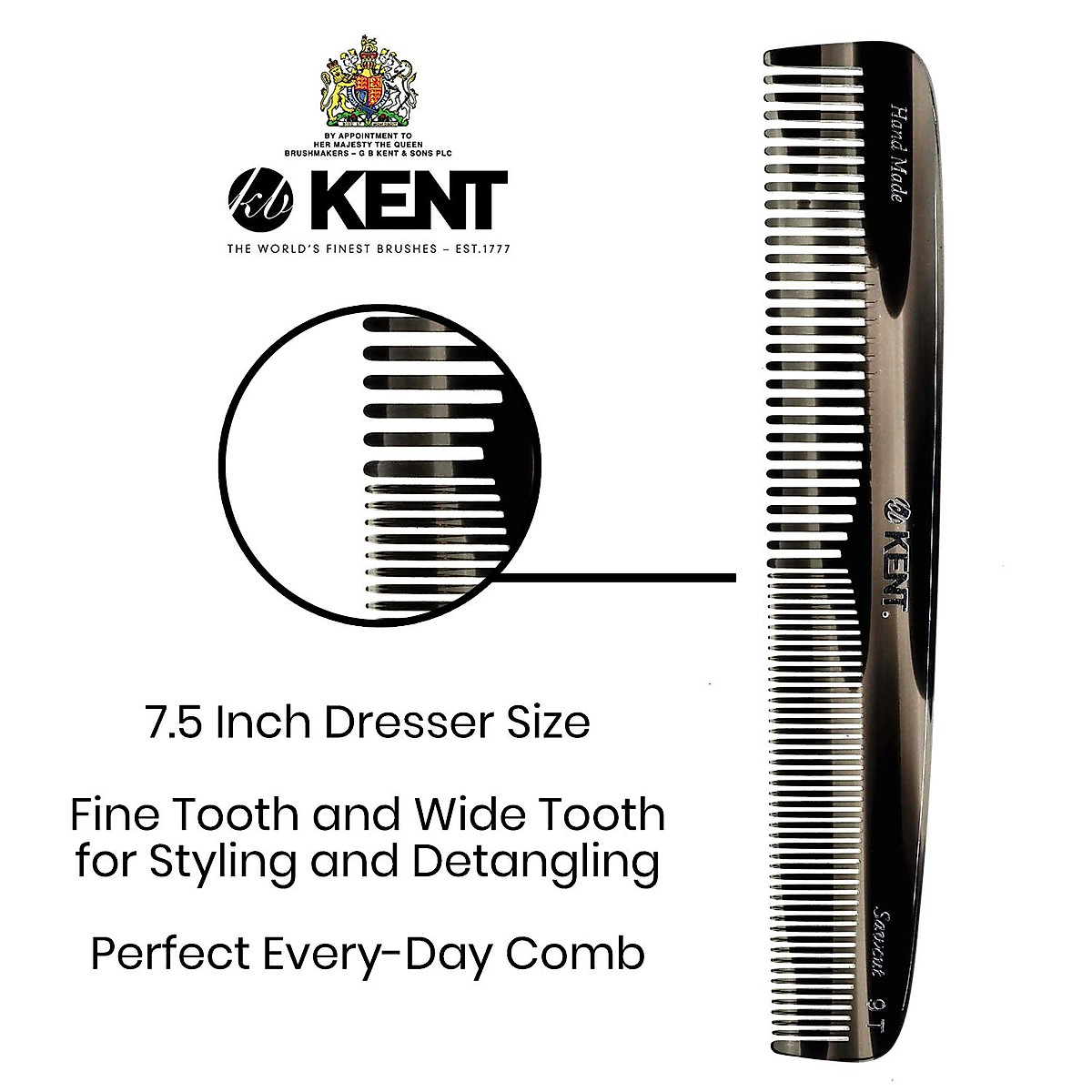Kent 9T Graphite Fine Tooth and Wide Tooth Comb Detangler Hair Combs - Large Handmade and Saw-Cut Dressing Comb - Wet Hair Comb for Women and Durable Grooming Comb for Men Made in England