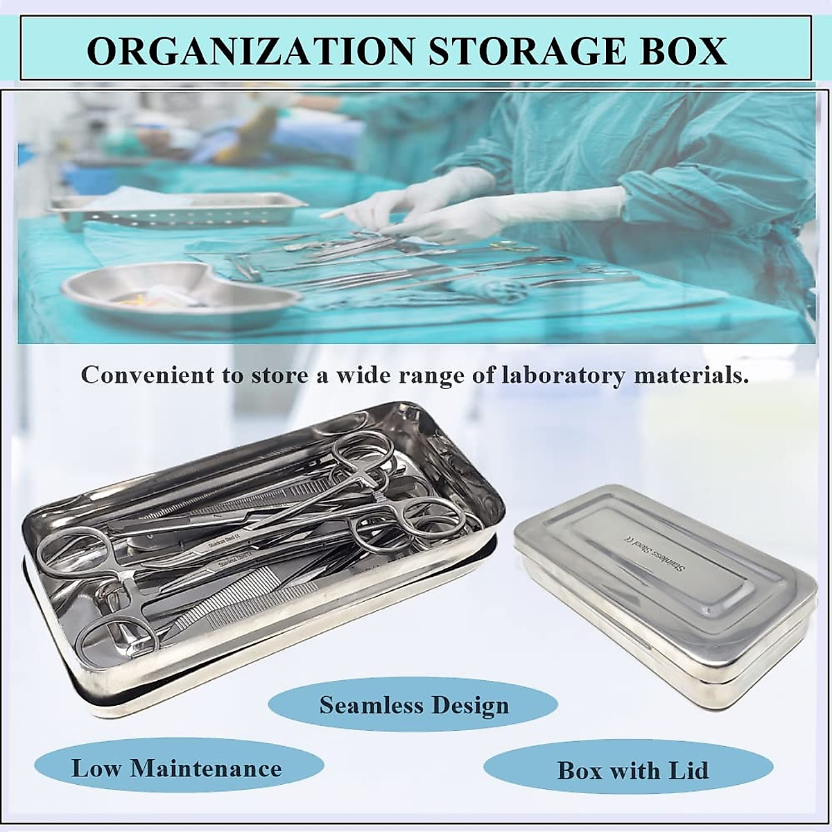 Stainless Steel Instrument Box with Lid Tray Organizer For Storage and Sterilization Surgical Lab Instrument Supplies Cleaning Tools - 7Lx3Wx1.25H