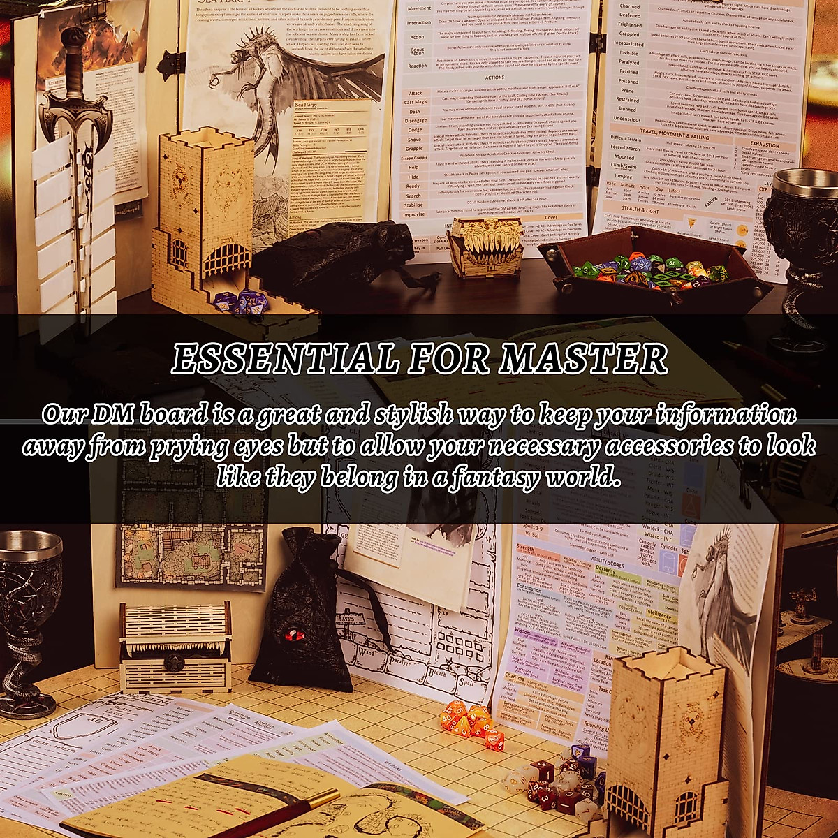 Dungeon Master's Screen 4-Panel Wood Laser Carved DM Screen with Felt Case - D&D, Tabletop RPG Accessories for Game Master