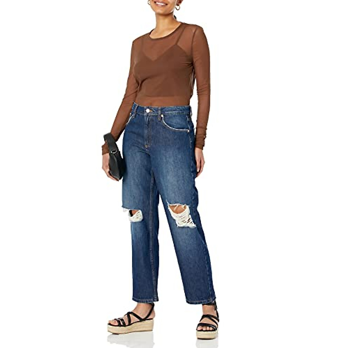 The Drop Women's Zander Mesh Long Sleeve Blouse, Coffee Bean, XXL, Plus Size