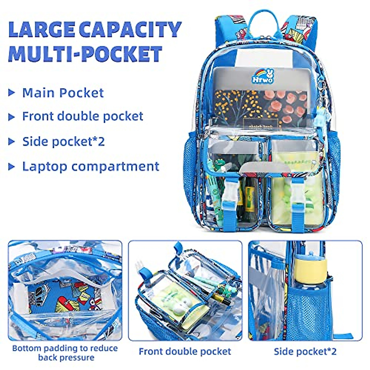 HTWO Clear Backpack, PVC Stadium Approved Backpacks, School Bookbag Suitable for Boys, With Pendant (Dark Blue)