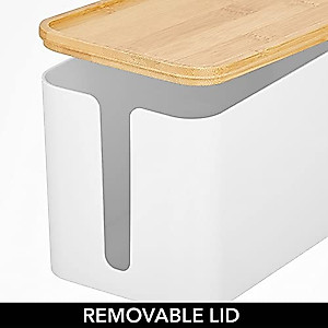 mDesign Cable Management Box - Storage Organizer for Power Strips, Cords, Surge Protectors - Hide Loose Wires in Home Office, Desks, Entertainment Centers - Small, White/Natural Bamboo Lid