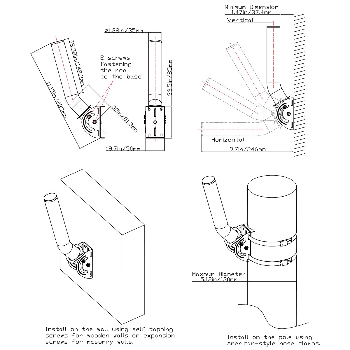 Universal Antenna Mount,11 Inches J Pole and Wall-Mounted Mounting Bracket for Outdoor Point to Point Access Point CPEs, TV Antennas, Wireless Bridges, Starlink Mini Dish and More