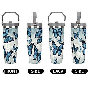 STVNKML 30 Oz Tumbler with Handle And Straw, Blue Butterfly Leakproof Stainless Steel Water Bottle for Hot & Cold Drinks 24 Hours, Car Cup Holder Friendly, Travel Mug for Home, Office, Gym