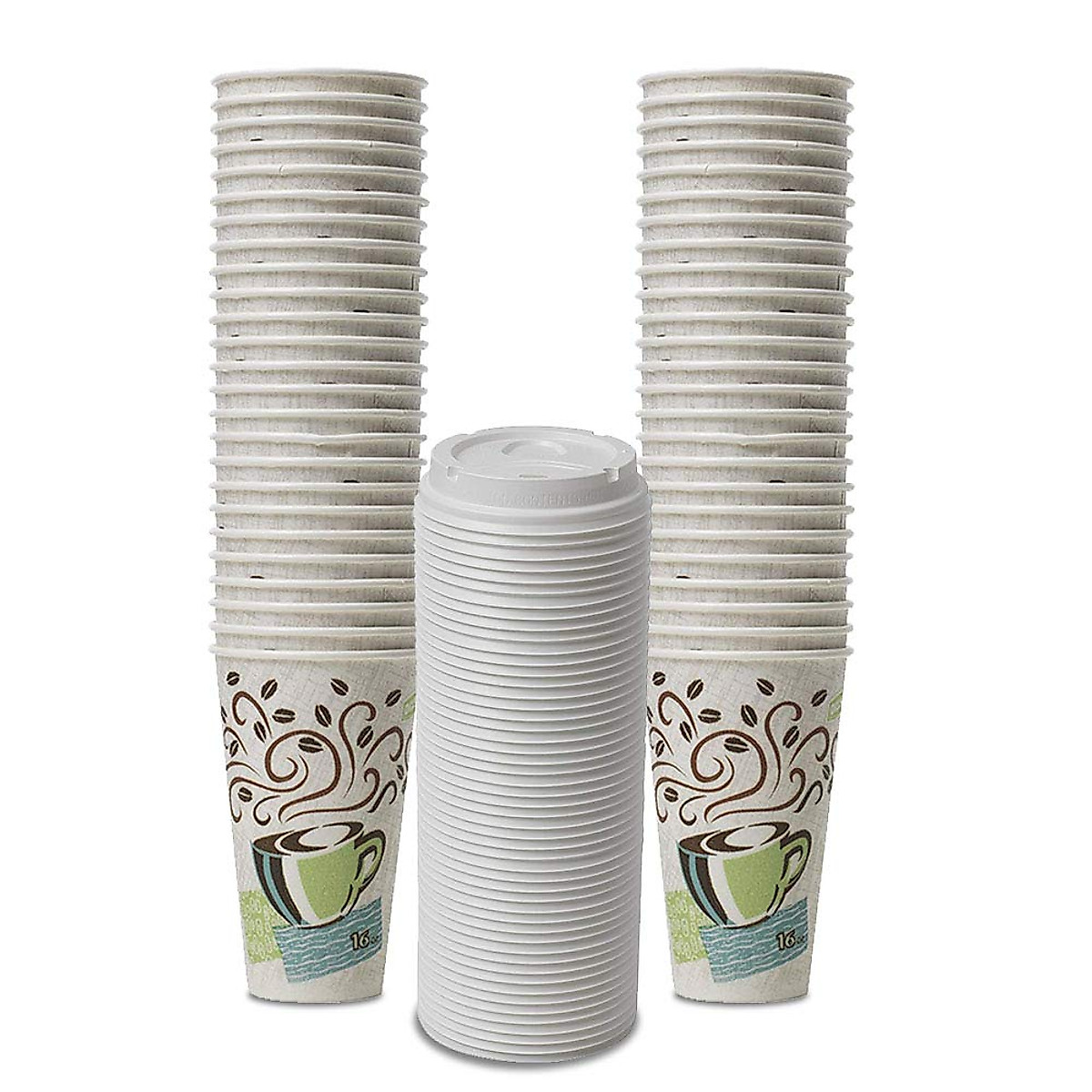 DuraCasa Dixie PerfecTouch WiseSize Coffee Design Insulated Paper Cup, 16oz Cups, Lids Drinking/Stirring Straws Bundle (16 oz, 50 Cups, 50 Lids 50 Straws)