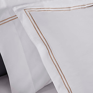 SUPERIOR Embroidered Cotton Duvet Cover Set, Soft Bedding Covers, 1 Duvet Cover with Button Closure, 2 Pillow Shams, Two-Line Design, Spring Blooms Collection, King/California King, White-Taupe