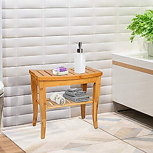 Hossejoy Bamboo Shower Bench Seat Wood Spa Bath Luxury Organizer Stool Shower Chair with Storage Shelf, Perfect for Indoor or Outdoor (19''x10.2''x17.7'')