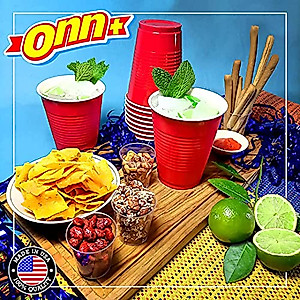 ONN+ Pack of 50 Disposable Plastic Cups, 16 Oz, Strong and Sturdy Disposable Cups for Parties or Celebrations (GOLD)