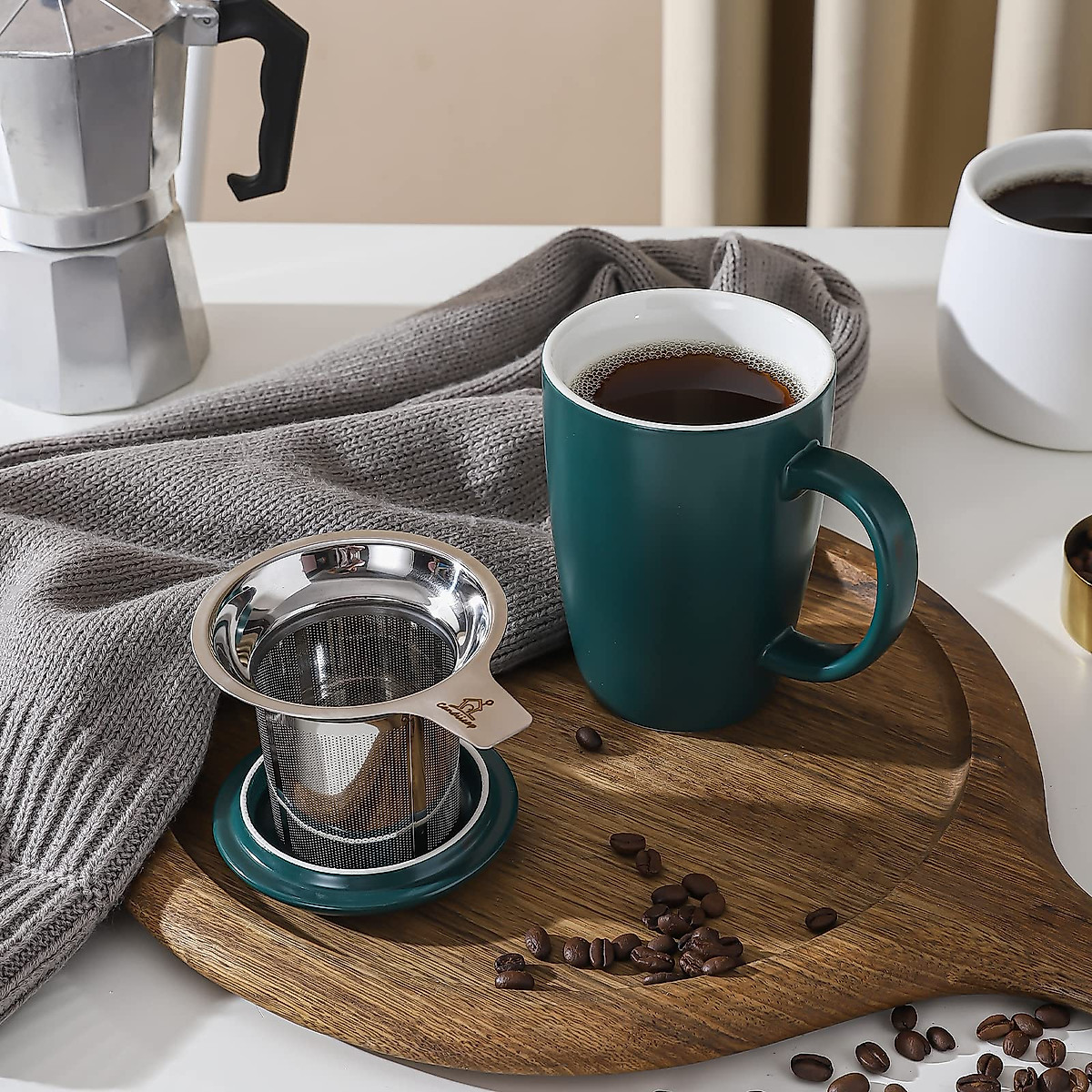 Candiicap Ceramics Tea Cup with Loose Leaf Infuser, Spoon and Lid, 13oz, Large Tea infuser Mug for Tea, Coffee, Milk-Microwave and Dishwasher Safe(13oz,Matte Green)