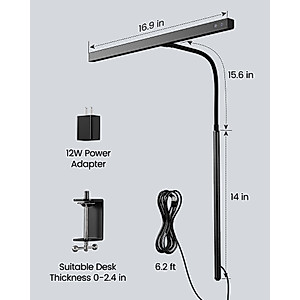 SUPERDANNY LED Desk Lamp for Office Home, Eye-Caring Desk Light with Adjustable Gooseneck, 12W Touch Control Dimmable Brightness, Architect Clamp Lamp with USB Adapter for Reading Study Workbench