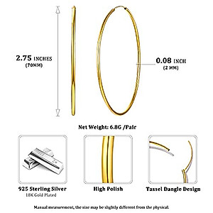 ChicSilver Huge Hoop Earrings, Hypoallergenic 18K Gold Plated Sterling Silver Hoop Earrings Endless Circle Big Hoops for Women (70mm)