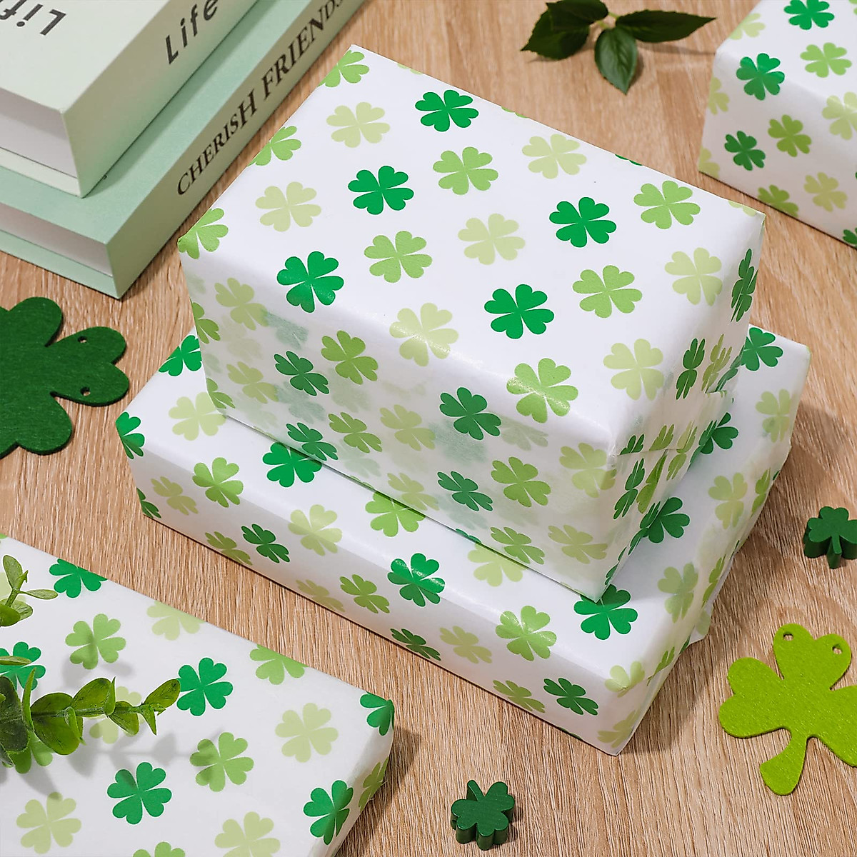 Whaline 100 Sheets St Patrick's Day Tissue Paper Clover Green White Gift Wrapping Paper Shamrock Pattern Decorative Art Paper for DIY Craft Birthday Holiday Decoration, 14 x 20 Inch