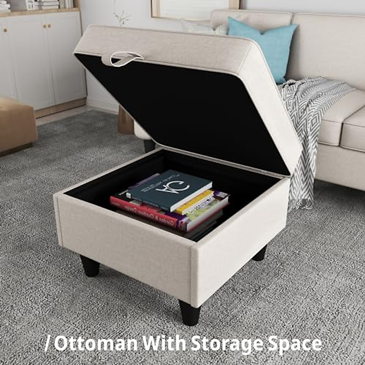 Sunrise Coast Sectional L Shaped Living Room Modular USB+Type-C Charging Port 3 Seater Couches with Removable Storage Ottoman Small Sofa 78", Beige