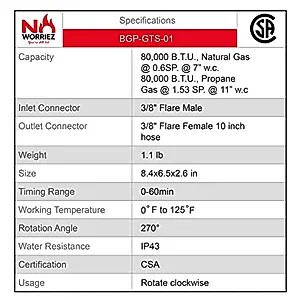 NO WORRIEZ 80,000 BTU Safety Automatic Outdoor BBQ Shut Off Mechanical Structure Gas Timer for Propane Grill and Natural Gas Grill(with 3/8'' flared assembly connector and hose, patent pending)