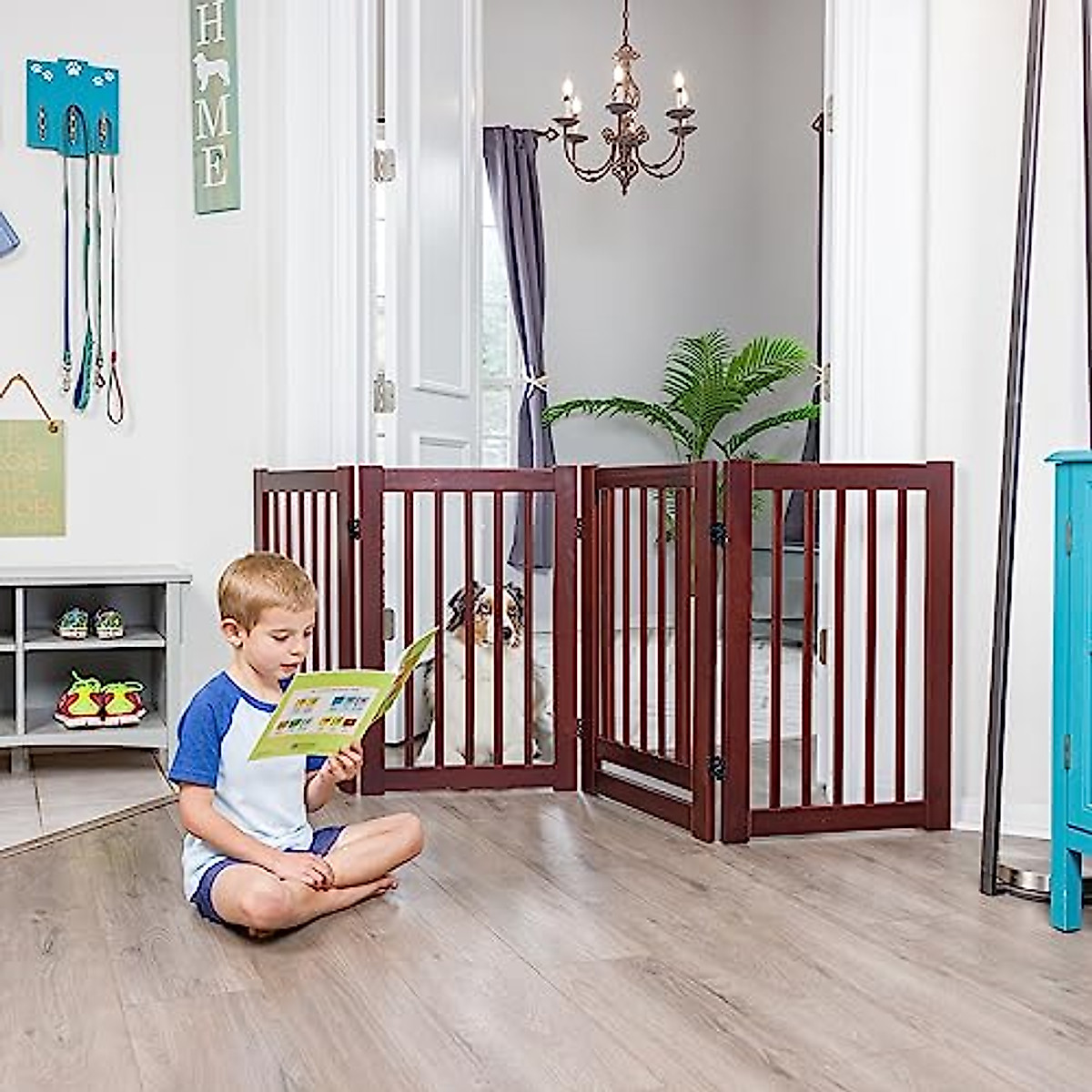 Primetime Petz 360 Configurable Dog Gate with Door – Indoor Freestanding Walk Through Wood Pet Gate,Walnut