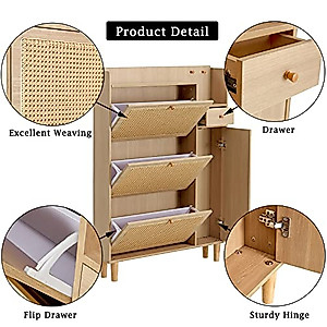 Wekity Shoe Storage Cabinet, Slim Shoe Cabinet for Entryway with 3-Tier Narrow & Storage Drawer, Rattan Shoe Cabinet with Door, Free Standing Wooden Shoe Cabinet for Entryway Hallway Doorway
