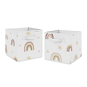 Sweet Jojo Designs Boho Rainbow Foldable Fabric Storage Cube Bins Boxes Organizer Toys Kid Baby Children - Set of 2 - Blush Pink Dusty Rose Gold Yellow Mauve Taupe Beige Bohemian Stars Sun Celestial
