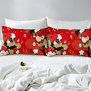 Erosebridal Japanese Style Bedding Set Butterfly Duvet Cover, Retro Flower Comforter Cover Romantic Garden Style Bedspread Cover, Red Decorative 3Pcs Queen Size, Bedding Collection