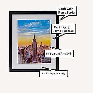 Frame Amo 13x19 Black Picture Frame, White Mat with 10.5x16.5 opening for 11x17 Image, 1 Inch Border, Acrylic Front