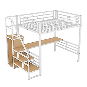 Full Size Loft Bed with Desk and Stairs Metal Loft Bed with Storage Wardrobe and Shelves, Heavy-Duty High Loft Bed for Kids Teens Adults, White