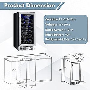LDAILY 15” Wine & Beverage Cooler, Built-in/Freestanding Wine Refrigerator w/Temperature Memory, Dual-Layer Tempered Glass Door, Lock & Keys, Under Counter Mini Fridge for Soda, Beer, Wine, Bar