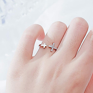 NewZenro Double Cross Faith S925 Sterling Silver CZ Crystal Opening Ring for Women Dainty Adjustable Statement Engagement Finger Christian Finger Rings Jewelry Gifts Birthday Bff