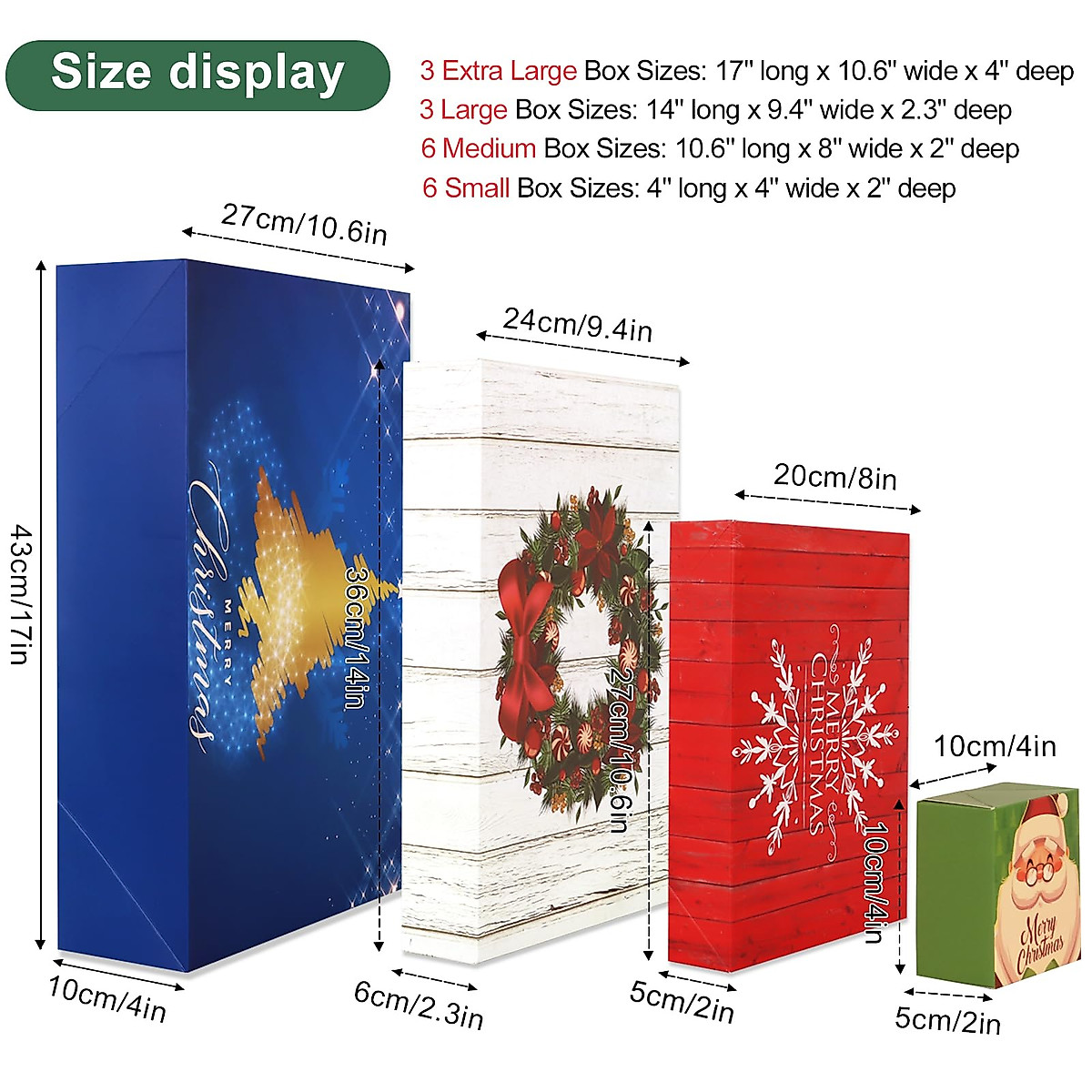 18 Gift Boxes with Lids for Presents, Assorted Christmas Wrapping Boxes for Extra Large Clothes, 12 Designs 4 Size Christmas Robes Shirt Box for Sweater, Xmas Holiday Present Box with 18 Gift Stickers