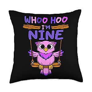 9 Year Old Owl Birthdav Gifts For Women Kids Kids Girls Whoo Hoo I'm 9th Birthday Owl Lovers Throw Pillow, 18x18, Multicolor