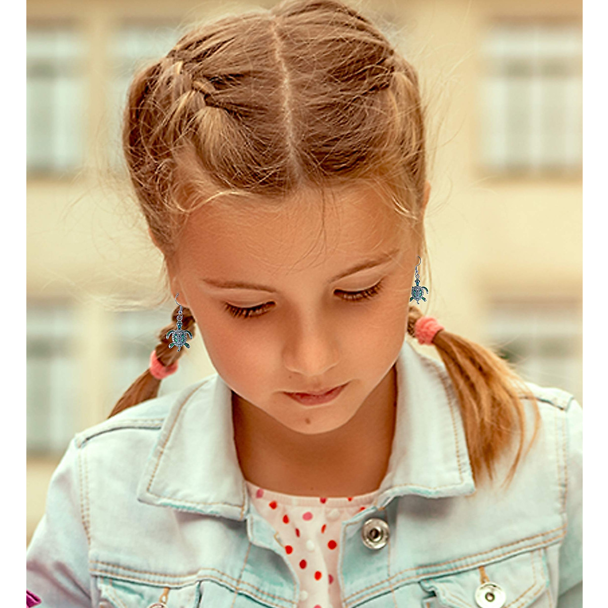 Puzzled Green Sea Turtle Sparkling Earrings - Cute Silver Fish Hook Dangle Earrings Plated in Silver Color with Zinc Alloy Dangling Charm Sparkly Pendant, Elegant Silver Earrings