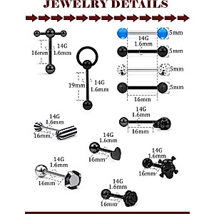 Prjndjw 14G Tongue Rings Surgical steel tongue piercing jewelry 5/8 inch 16mm Skull Heart Flower T Shape Koosh Spiky Silicone Soft Spike Ball Door Knocker Tongue Ring Body Piercing Jewelry Retainer