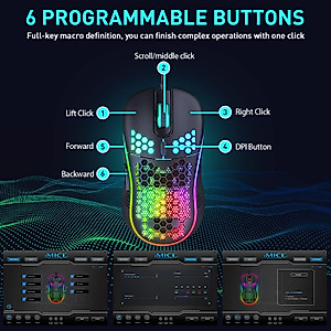 VEGCOO Honeycomb Wired Gaming Mouse, Ergonomic and Lightweight Computer Mouse with 6 Level DPI, Colorful Led Lights, 6 Programmable Buttons Gaming Wired Mice for Windows PC & Laptop Gamers (C32 Black)