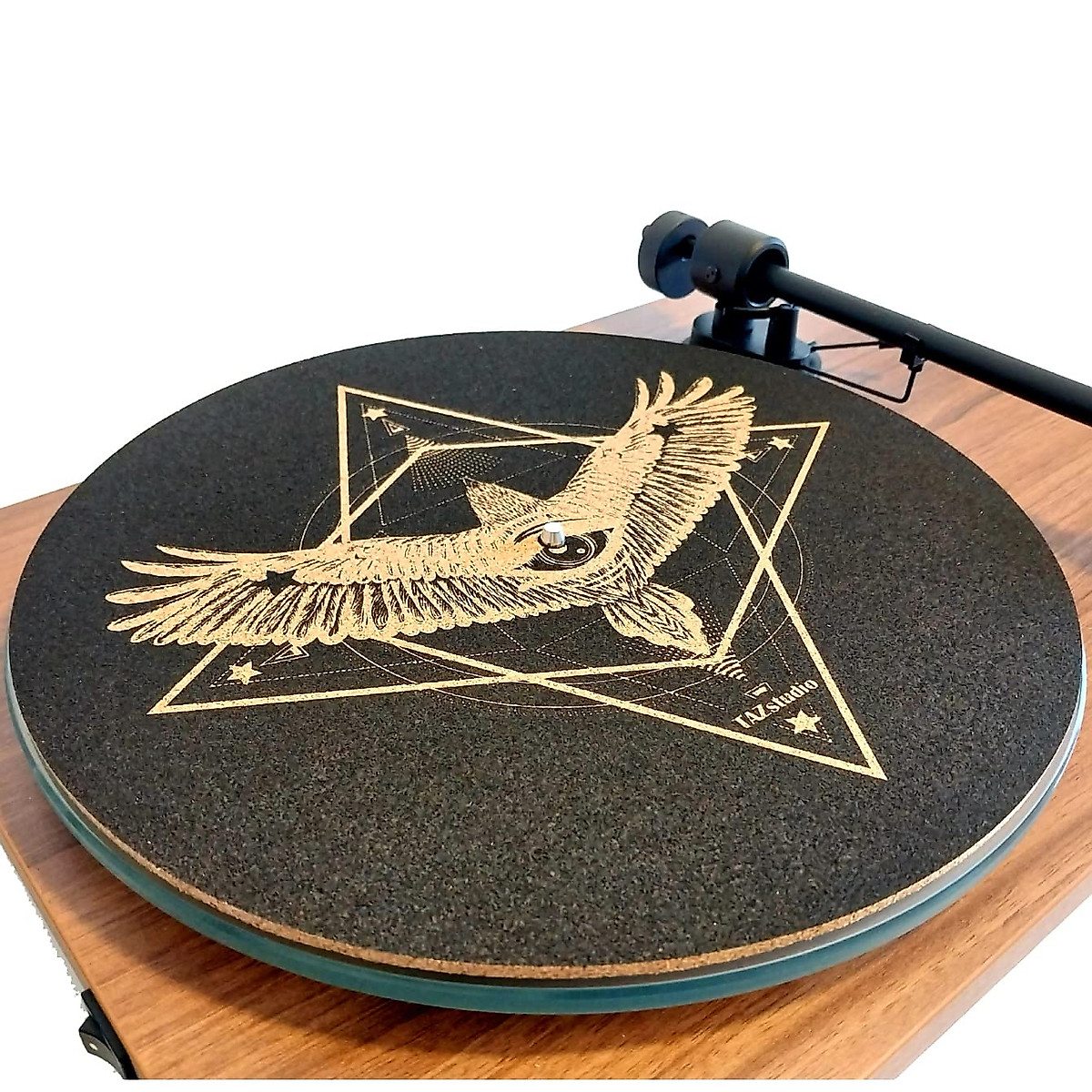 TazStudio Premium slipmat - Cork Turntable Mat [4mm Thick] for Better Sound Support on Vinyl LP Record Player - Cork mat Original Art Design - Psychedelic Geometric Eagle-m8