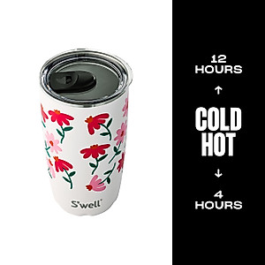 S'well Stainless Steel Tumbler with Slide-Open Lid, 18oz, Pink Daisy, Triple Layered Vacuum Insulated Containers Keeps Drinks Cold for 12 Hours and Hot for 4, BPA Free